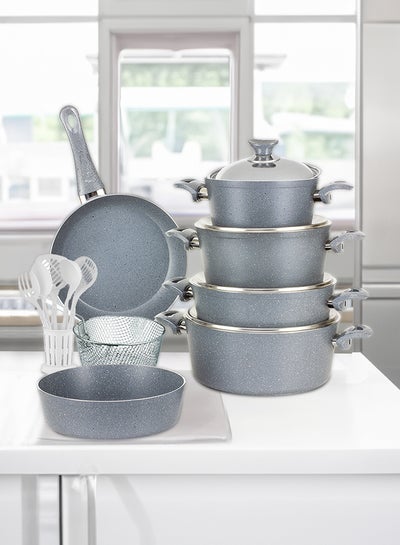 18 Pieces Turkish Granite Cookware Set With Steel Lid Grey 26x26x12cm ...