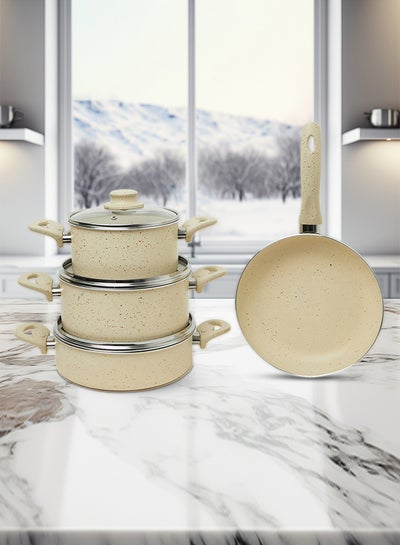7 Pieces Turkish Granite Cookware Set With Pyrex Lid Beige 24x24x10.5cm ...
