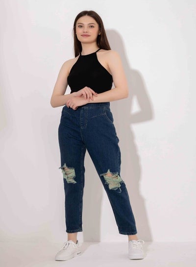 سعر Kava Women Jeans Pants Cotton Denim Ripped Knees Cutting Dark Blue Color فى مصر | نون مصر ...