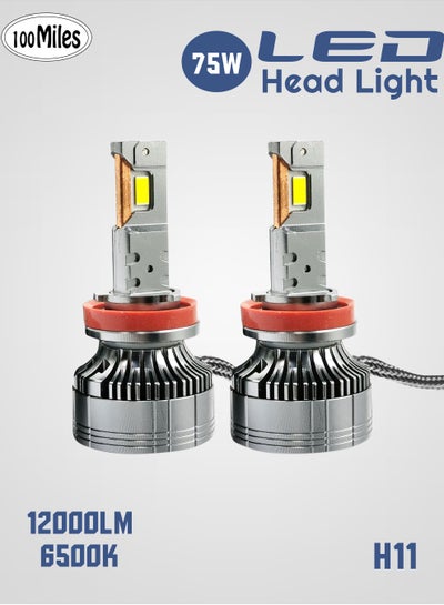 100 Miles H11 LED Car Headlight - 75W High Power 12000LM 6500K with ...