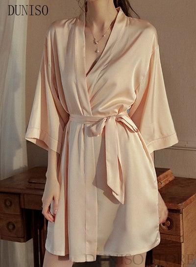 2-piece Women's Night Dress Set with Robe Waistband Sweet Silky ...