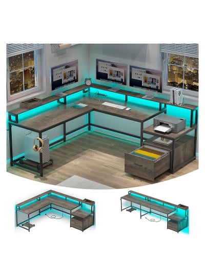 Shaped Desk with Power Outlet LED Strip Reversible L Shaped Corner ...