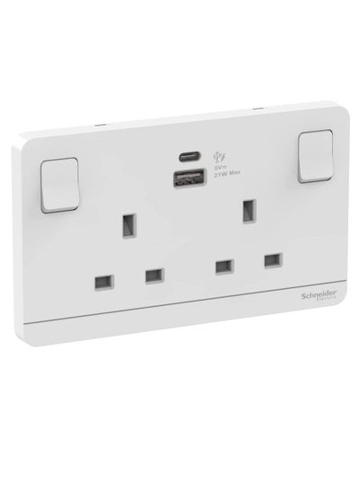 Schneider Electric 21W type A+C 2 Gang 13A Avataron Switched Socket with USB Charger, White ...
