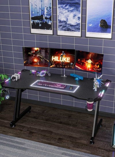 HILUKE Gaming Desk with LED Lights - Carbon Fiber Desktop, Gamer Desk ...