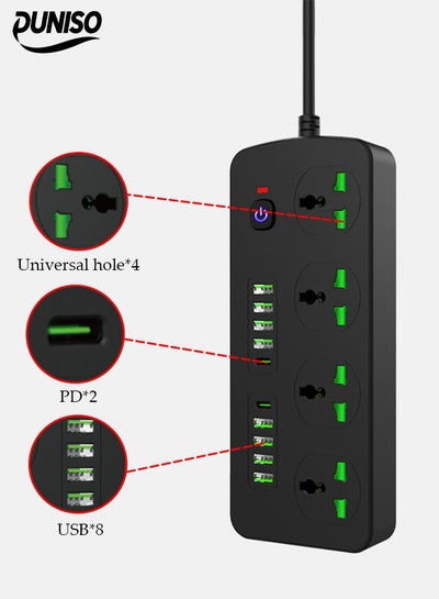 Power Strip Extension Cord，14 in 1 Universal Power Socket，8 USB+ 2 Type ...