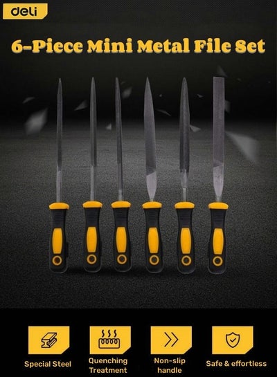 6-Piece Mini Metal File Set Yellow Flat Square Triangular Half-round ...