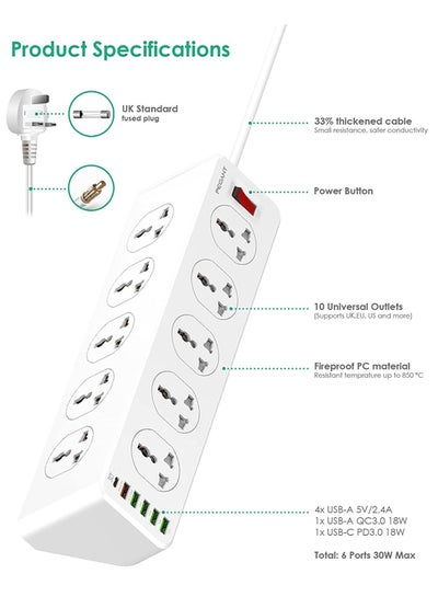 Power strip with 10-Outlet Surge protector power sockets 6 USB Ports ...