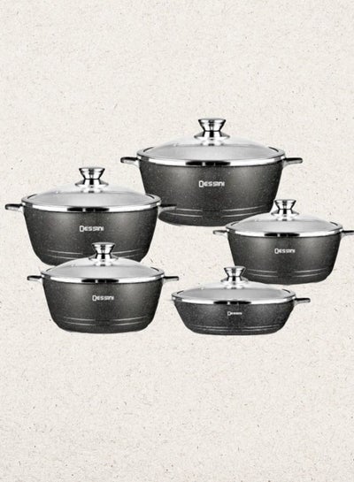 10-Piece Granite Coated Non-Stick Cookware Set with Glass Lid Black ...
