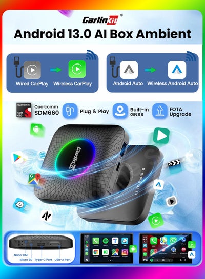 8GB+128GB CarlinKit Android 13 CarPlay AI Box LED Wireless Carplay Android auto Adapter Qualcomm ...