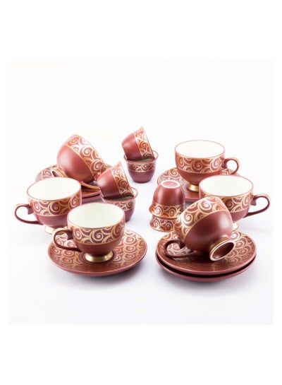 Set of 18 pieces of Arabic tea and coffee cups in a matte red/golden ...