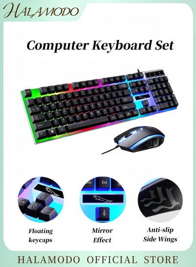 Computer Keyboard Set with USB Wired Computer Mouse Cool LED Rainbow ...
