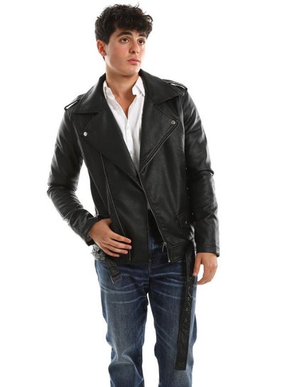سعر Notched Collar Side Zipper Black Leather Jacket فى مصر | نون مصر ...