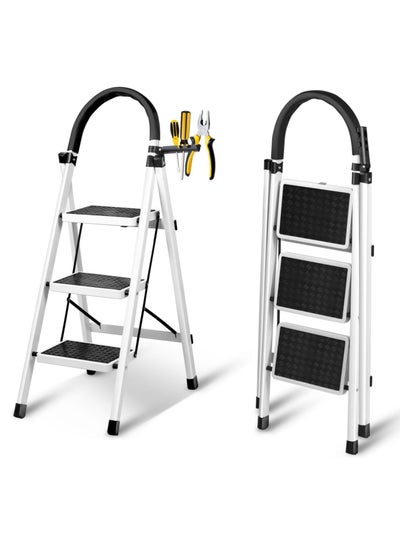 Double Elite Step Ladder 3 Step Folding with Handgrip, Sturdy 330Lbs ...