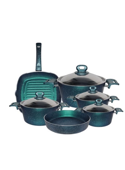 A turquoise granite cookware set consisting of 4 pots of different ...