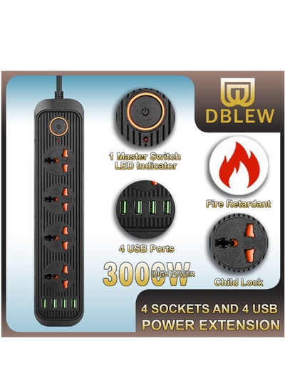 4 Ways Universal Plugs Sockets And 4 USB Ports Extension Cord Power Strip Lead Fast Charging ...