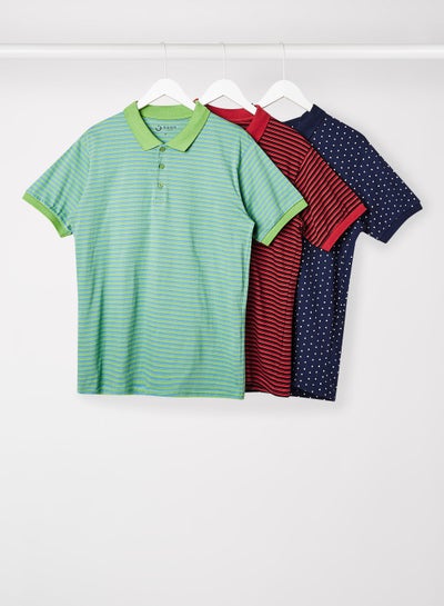 Men's Pack Of 3 Basic Striped collar Polo in Regular Fit Navy Blue/Sea ...